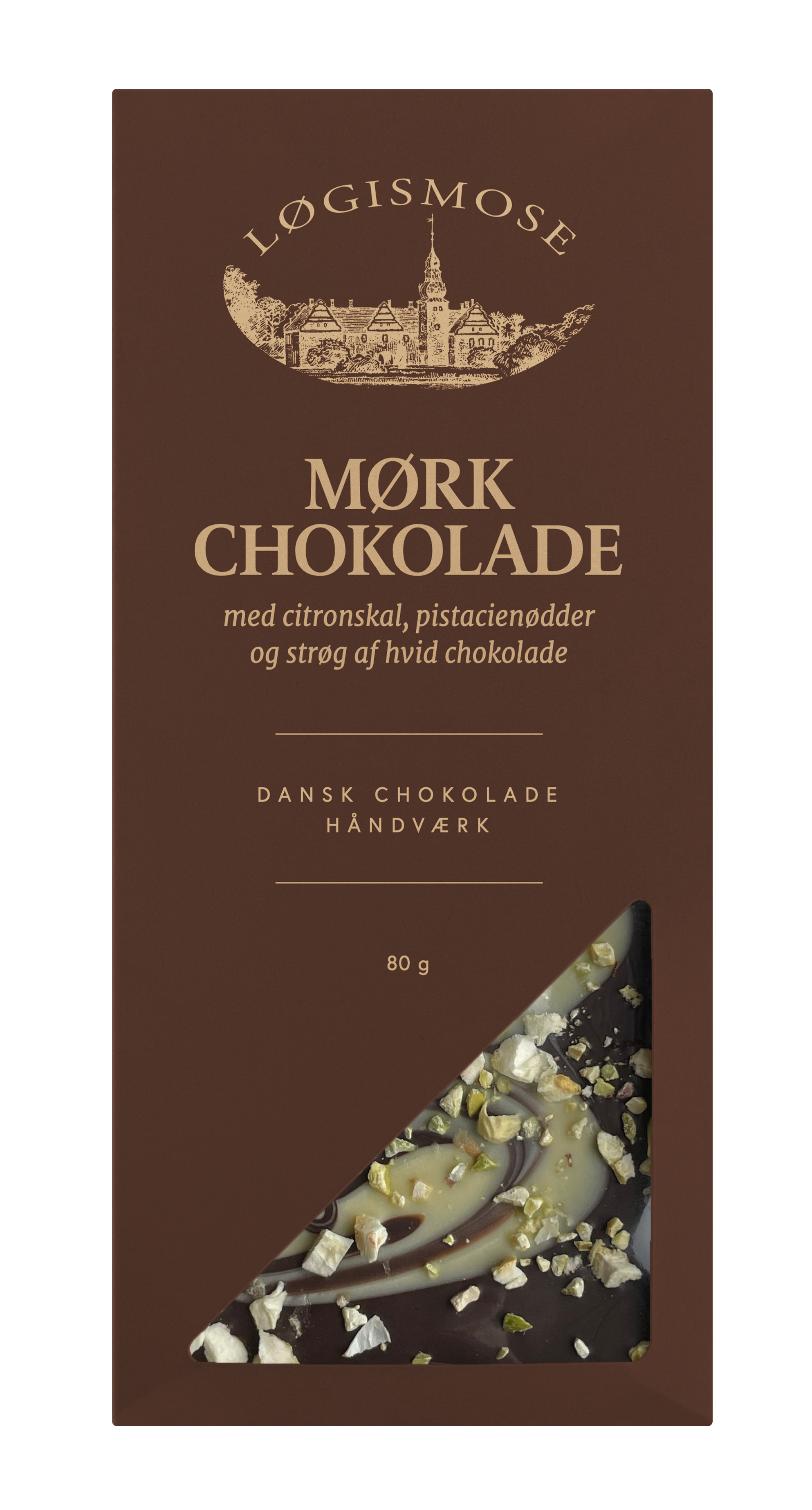 Løgismose | Mørk chokolade med citronskal og pistacienødder